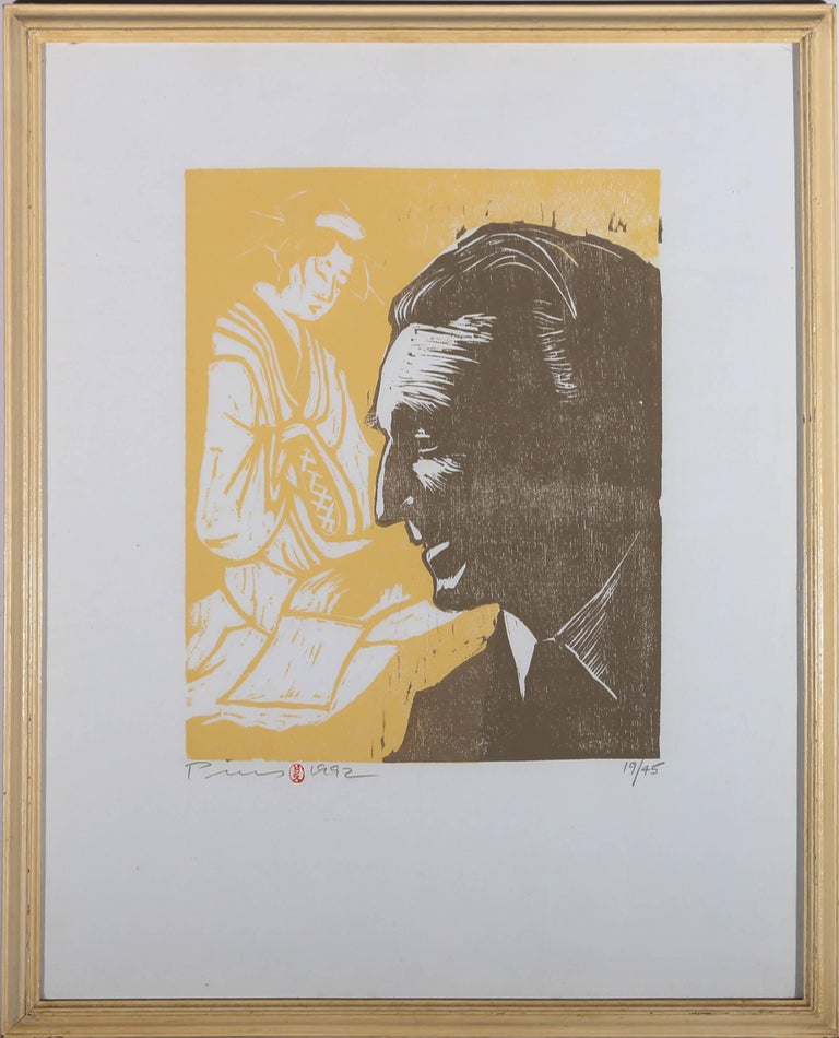 Jacob Pins - Jacob Pins (1917-2005) - 1992 Woodcut, Jack Checking Eishi For Sale at 1stDibs