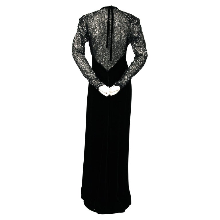 Jacqueline De Ribes black velvet gown with sheer lace panels For Sale ...