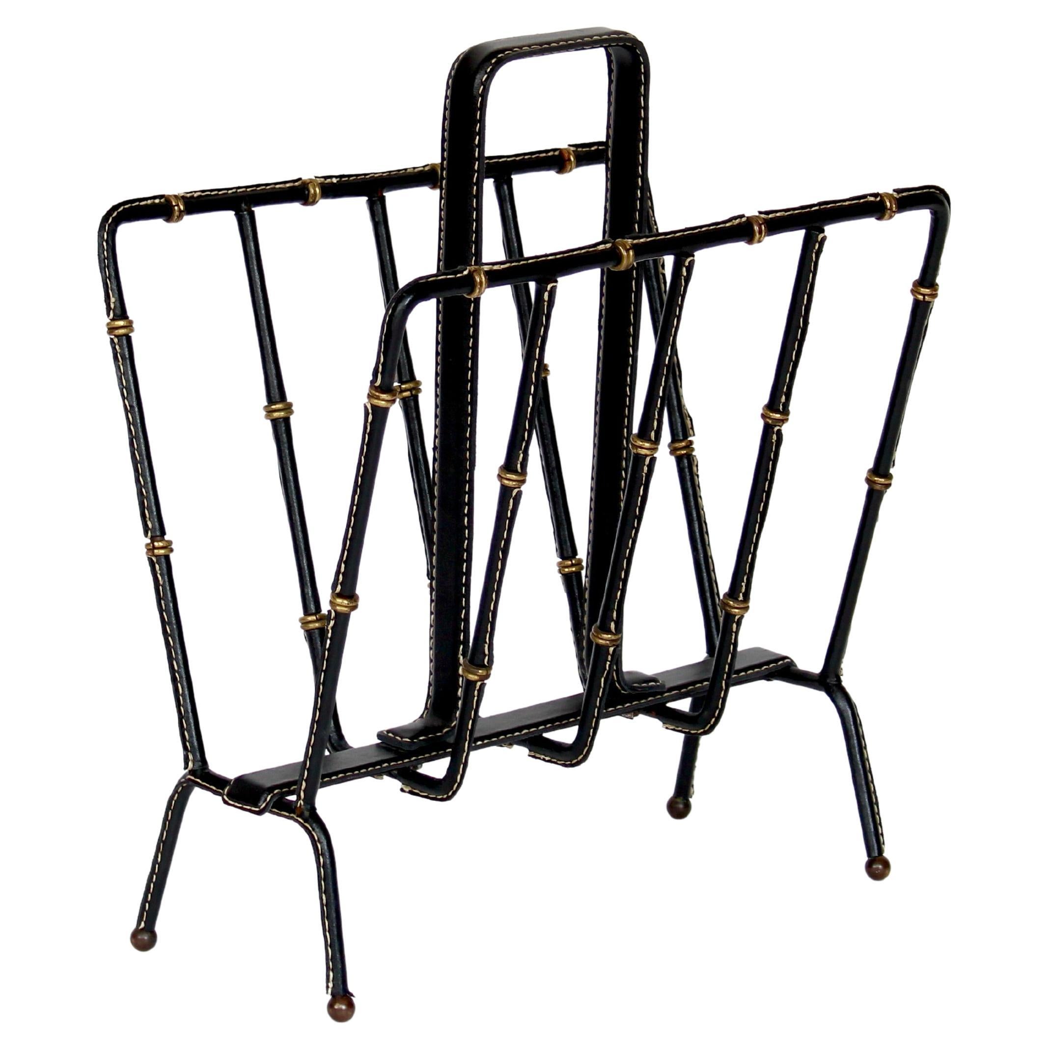 Elm and Leather Magazine Holder/Side Table by Jacques Adnet, France, c ...