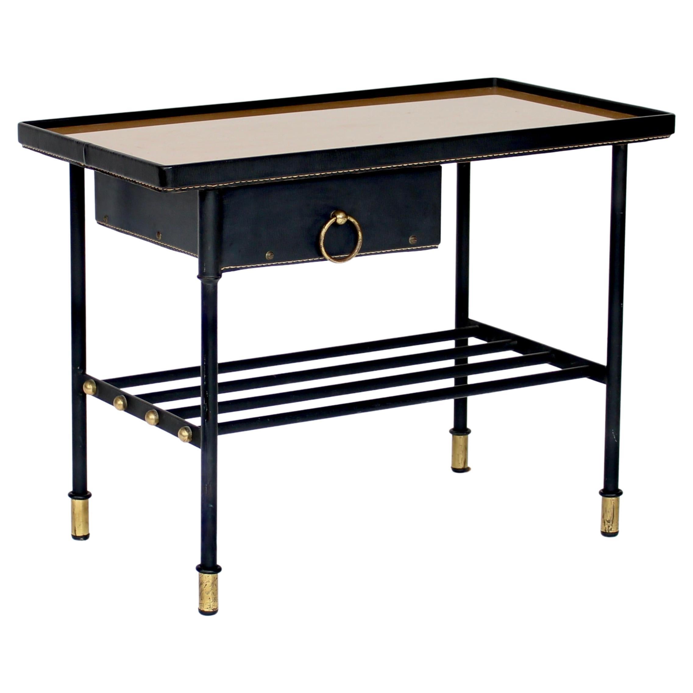 Jacques Adnet Black Leather and Glass Side Table or Night Stand France ...