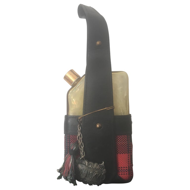 Jacques Adnet Black Leather and Tartan Fabric Whisky Flask Holder ...