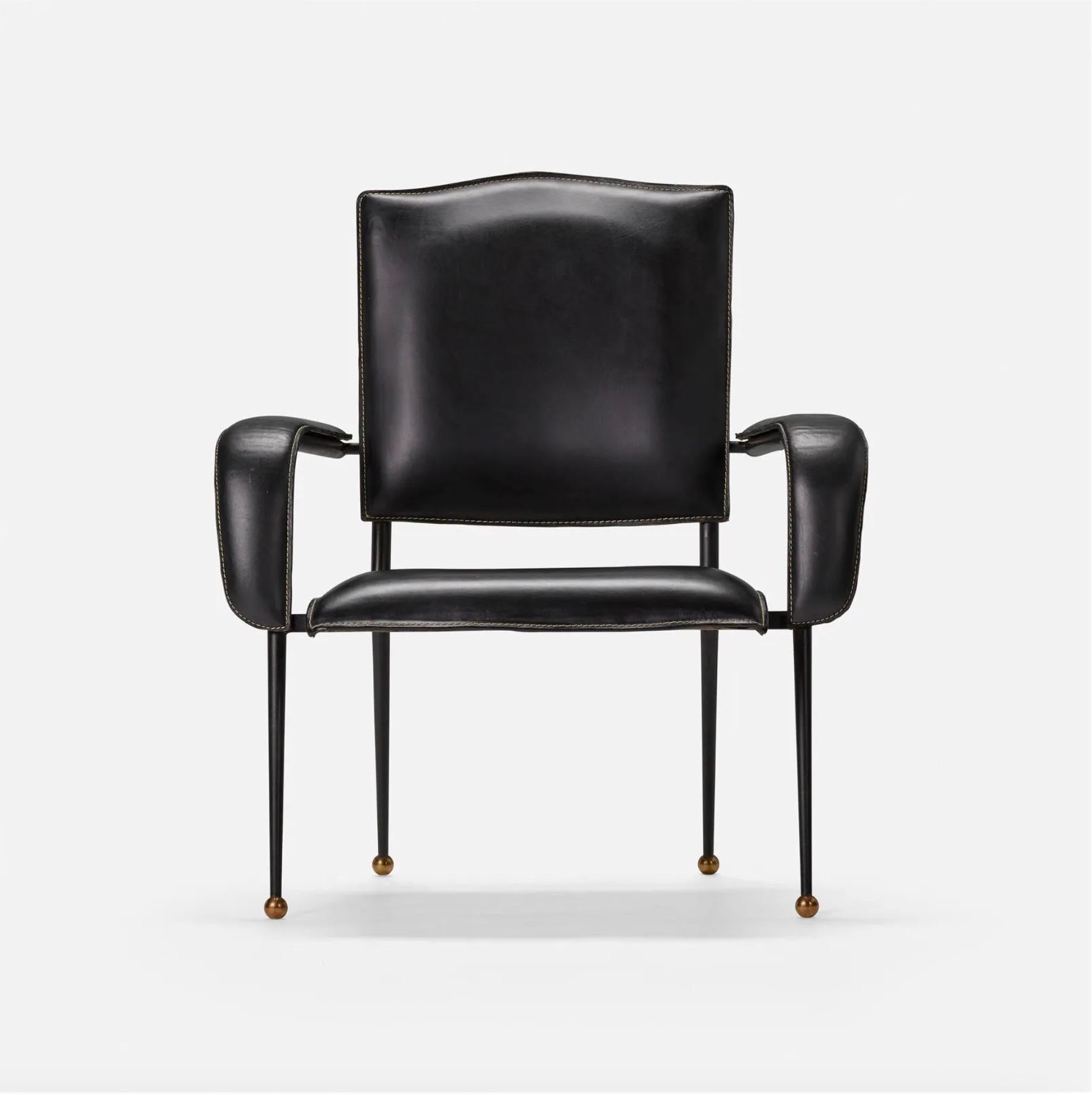 Jacques Adnet Black Leather Armchair, 1950s France For Sale at 1stDibs