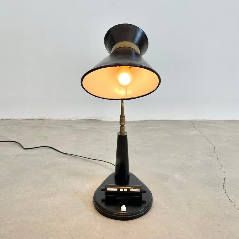 Jacques Adnet Black Leather Table Lamp with Adjustable Calendar, 1950s ...