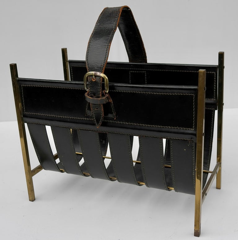 Jacques Adnet Magazine Rack in Black Sling Leather and Brass, France ...