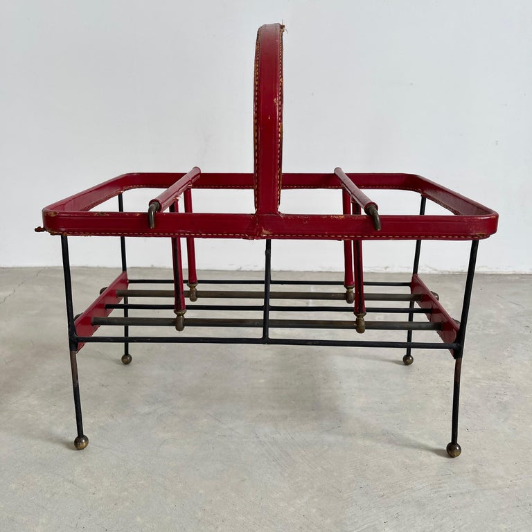 Jacques Adnet Red Leather and Metal Book Rack, 1950s For Sale at 1stDibs