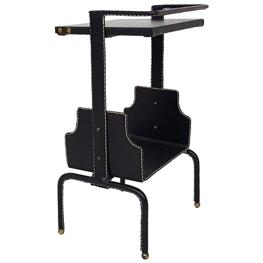 Jacques Adnet, Side Table Covered with Black Leather Saddle Stitched at ...
