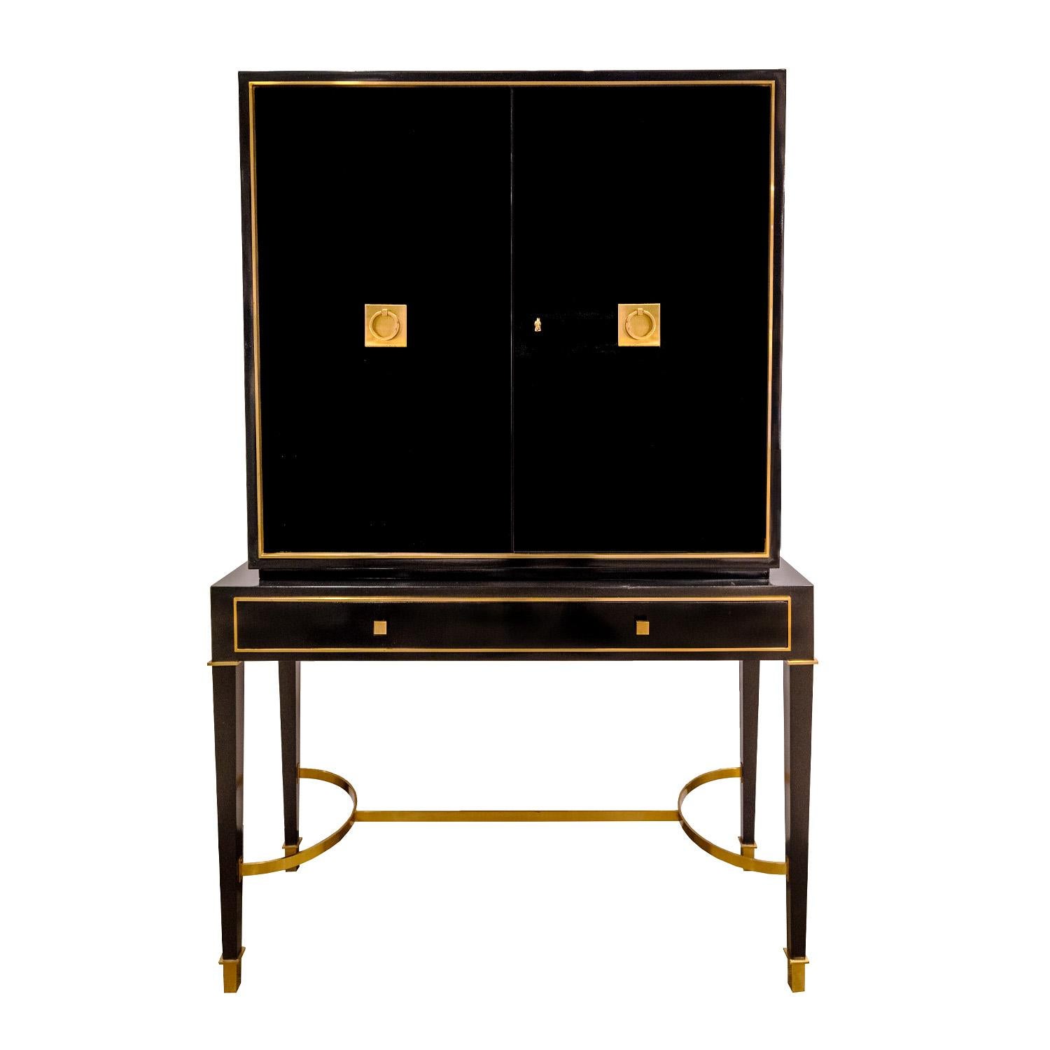 Jacques Adnet Style 2-Door Cabinet in Black Lacquer with Brass 1940s at ...