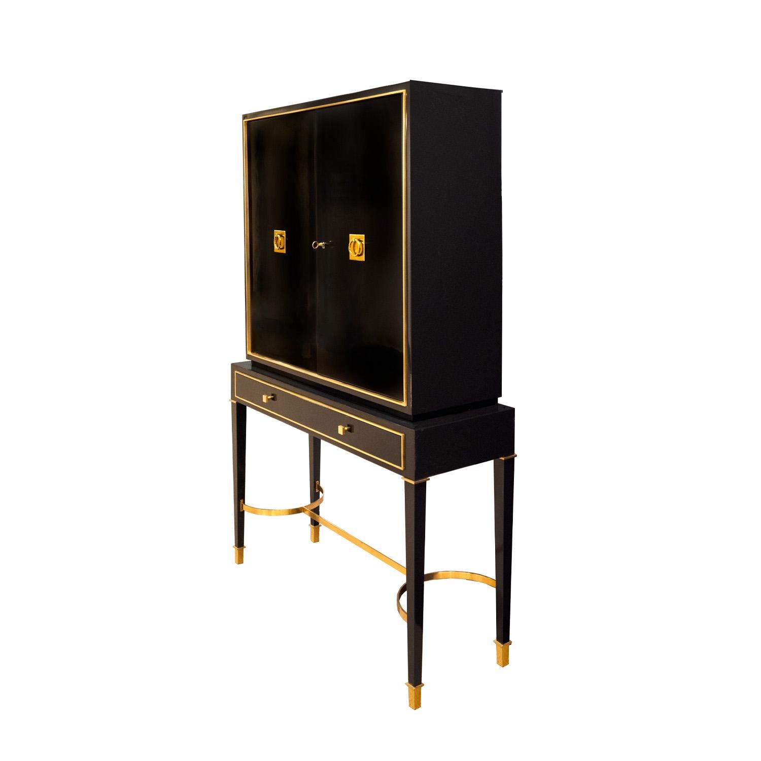 Jacques Adnet Style 2-Door Cabinet in Black Lacquer with Brass 1940s at ...
