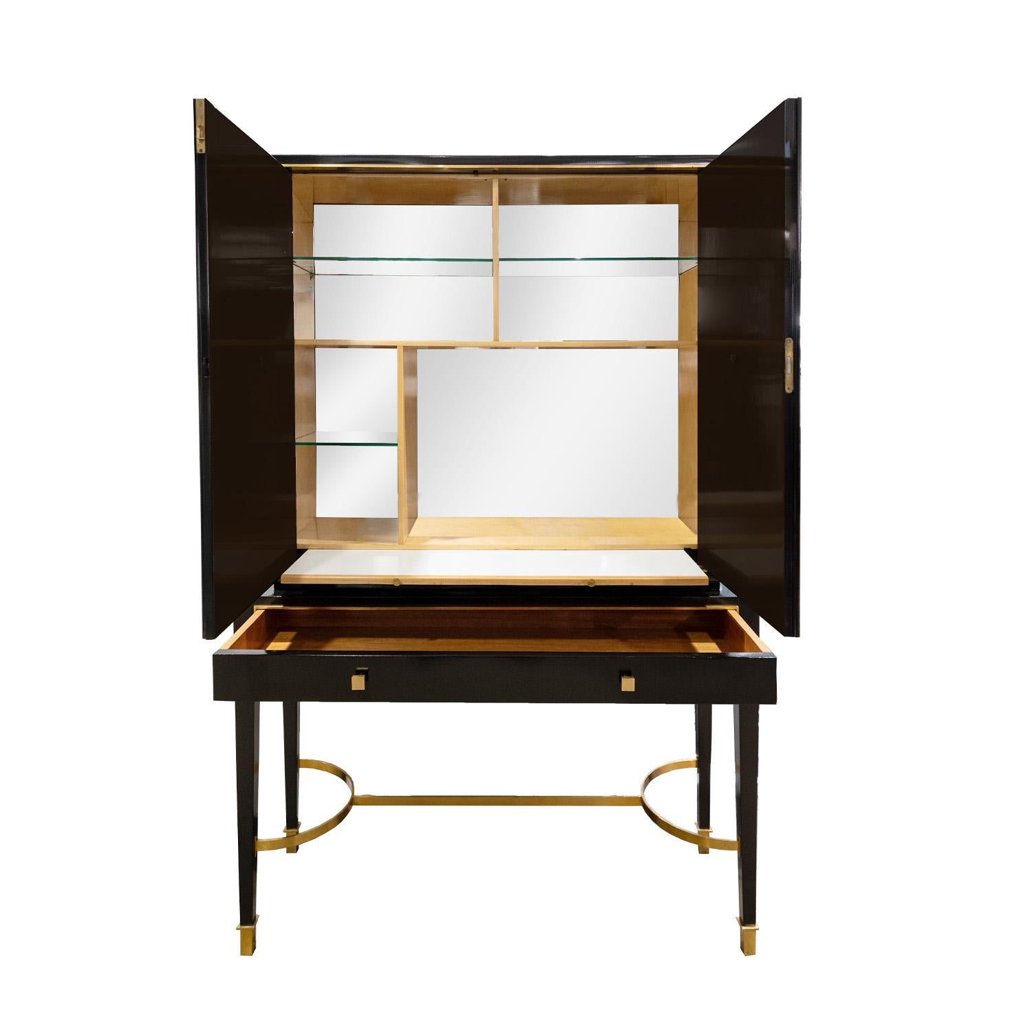 Jacques Adnet Style 2-Door Cabinet in Black Lacquer with Brass 1940s ...