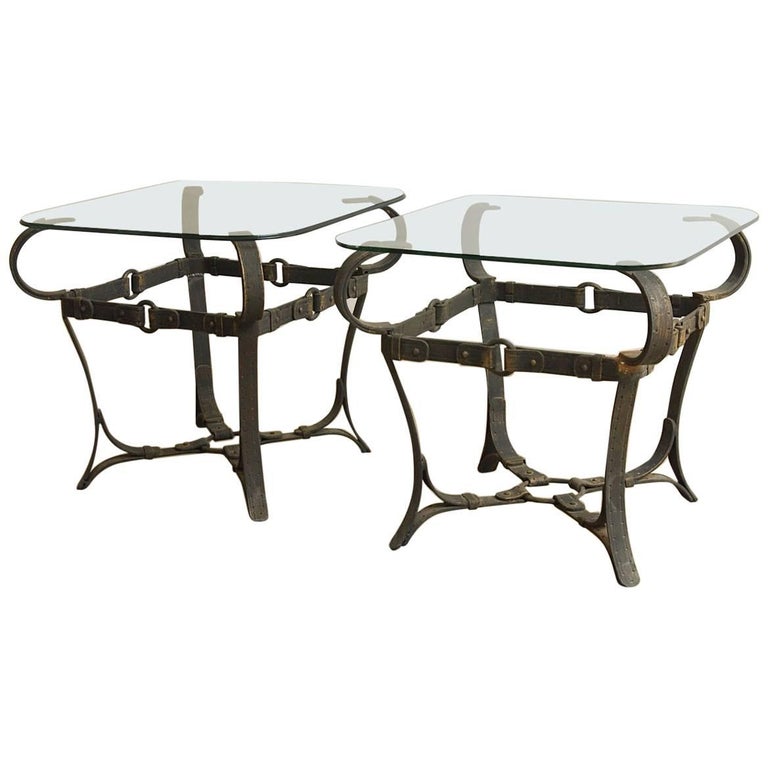 Jacques Adnet Style Cast Iron Leather Strap Tables at 1stDibs