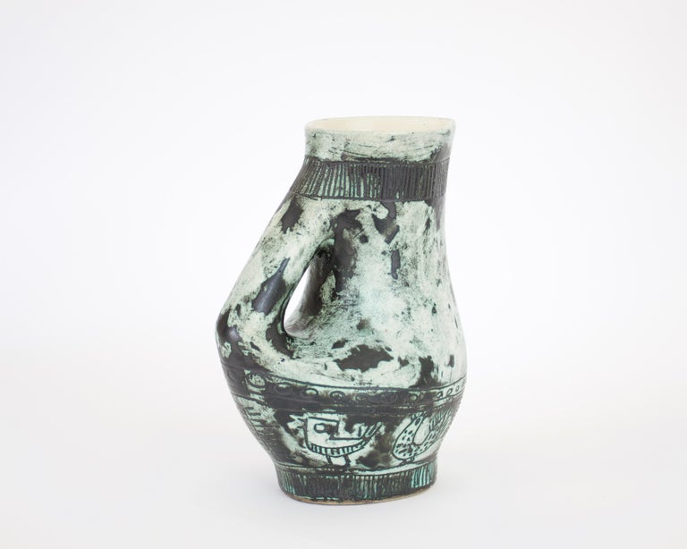 Jacques Blin French Ceramic Blue Scrafitto Pitcher with Birds and with ...