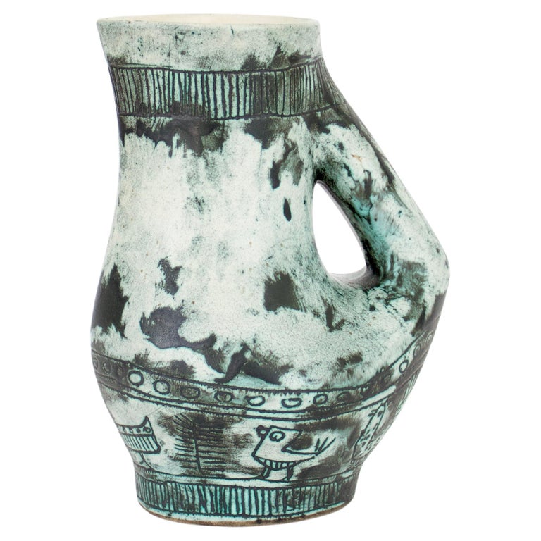 Jacques Blin French Ceramic Blue Scrafitto Pitcher with Birds and with ...