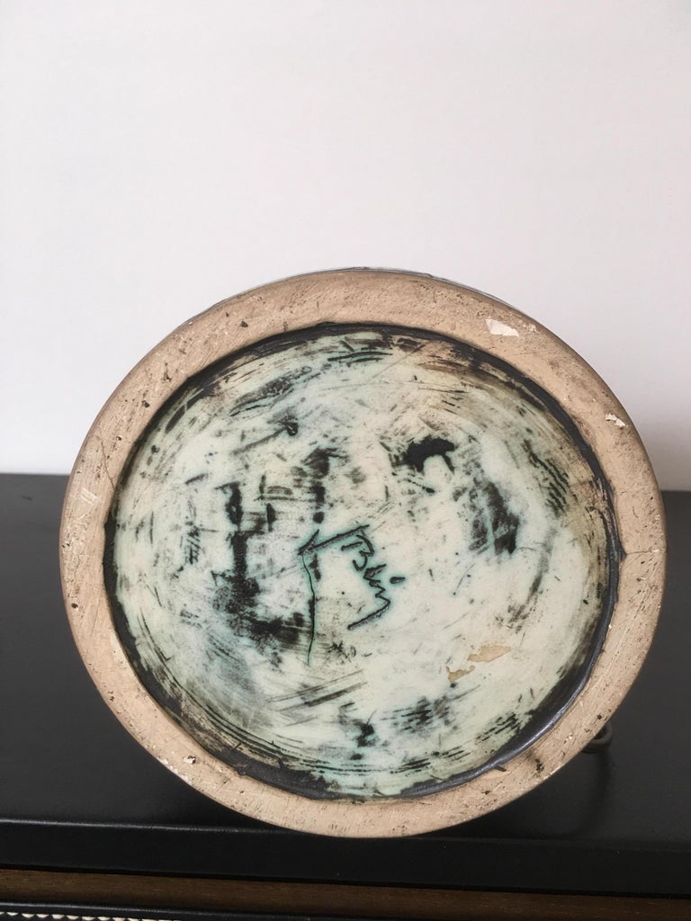 Jacques Blin Signed Large Green and Black Ceramic Lamp, Incised Decor ...