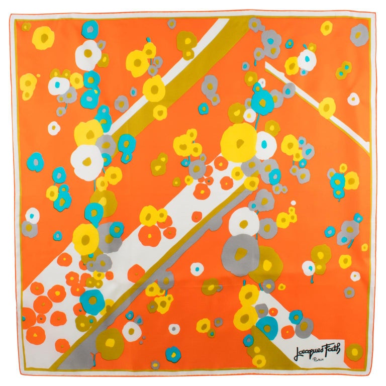 Jacques Fath Paris Silk Scarf Orange 1970s Floral Print at 1stDibs