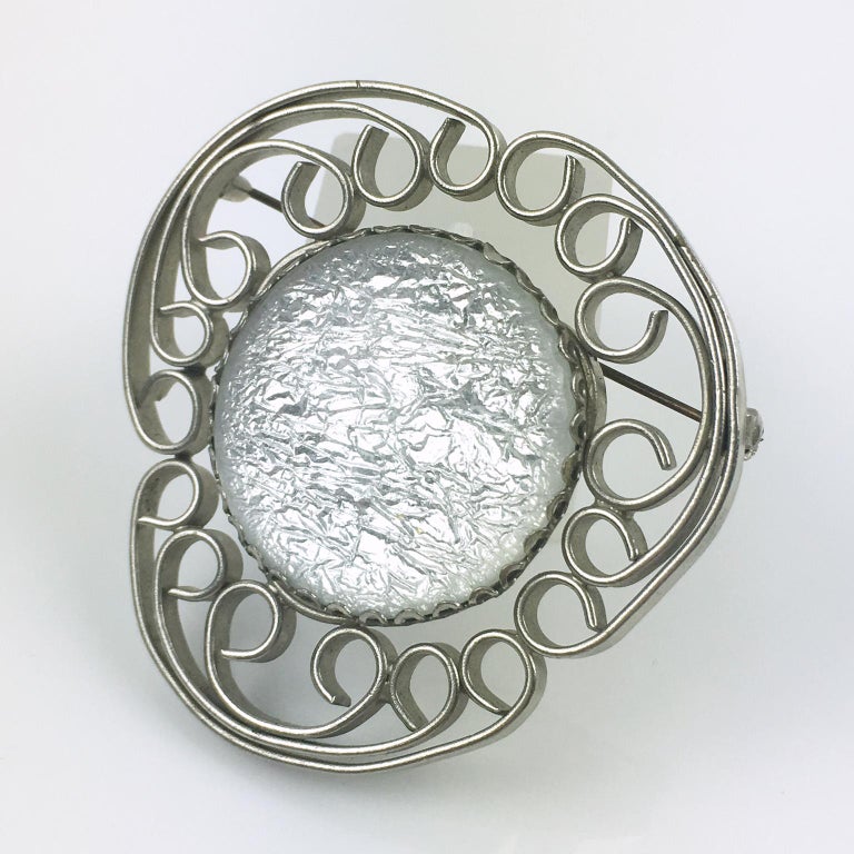 Jacques Gautier Style Silvered Metal Poured Glass Cabochon Pin Brooch ...