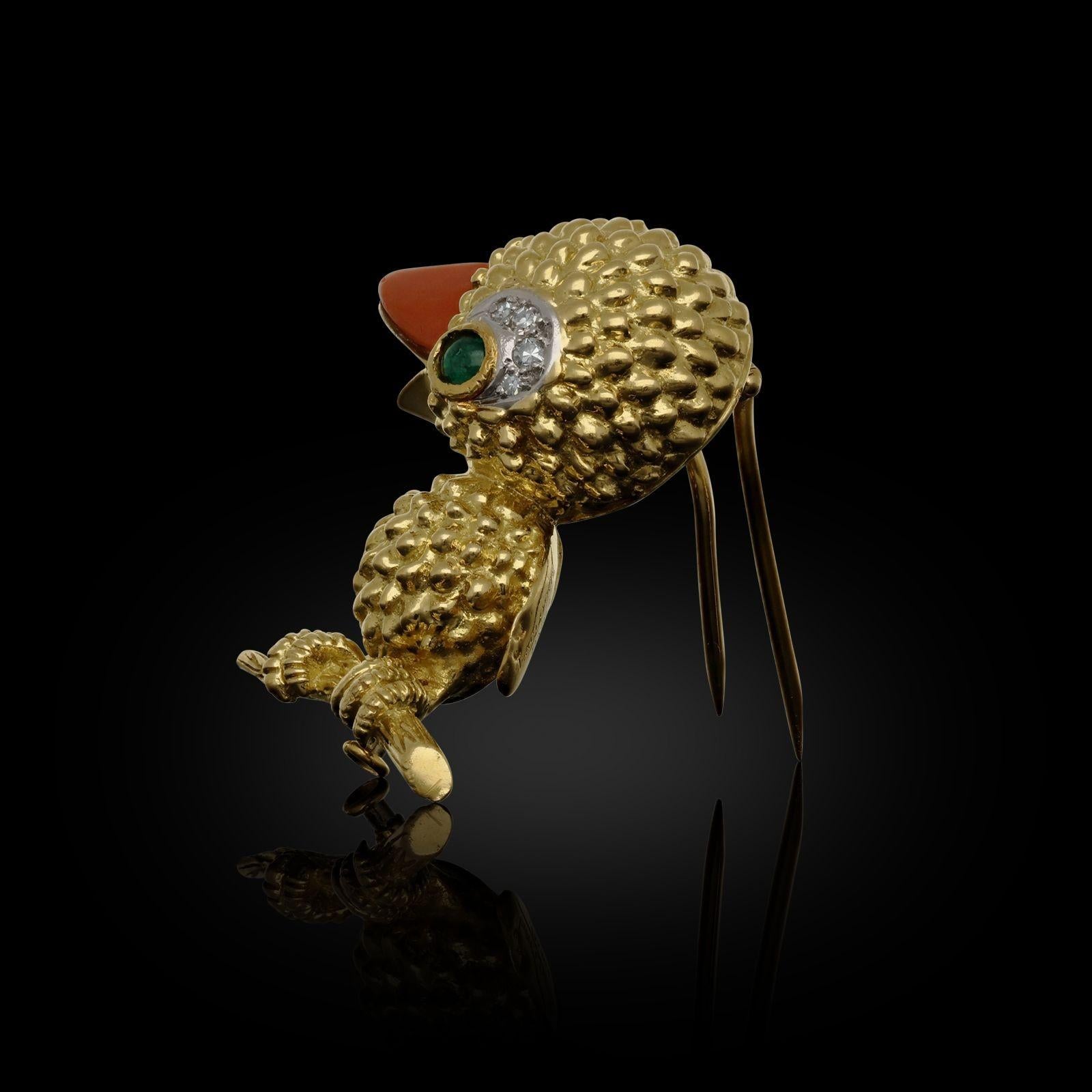 Jacques Lacloche 18ct Gold, Diamond, Emerald and Coral Chick Brooch ...
