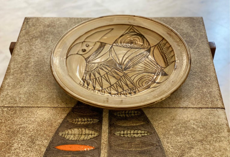 Jacques Pouchain Ceramic Dish with Stylized Bird, 1960s For Sale at 1stDibs