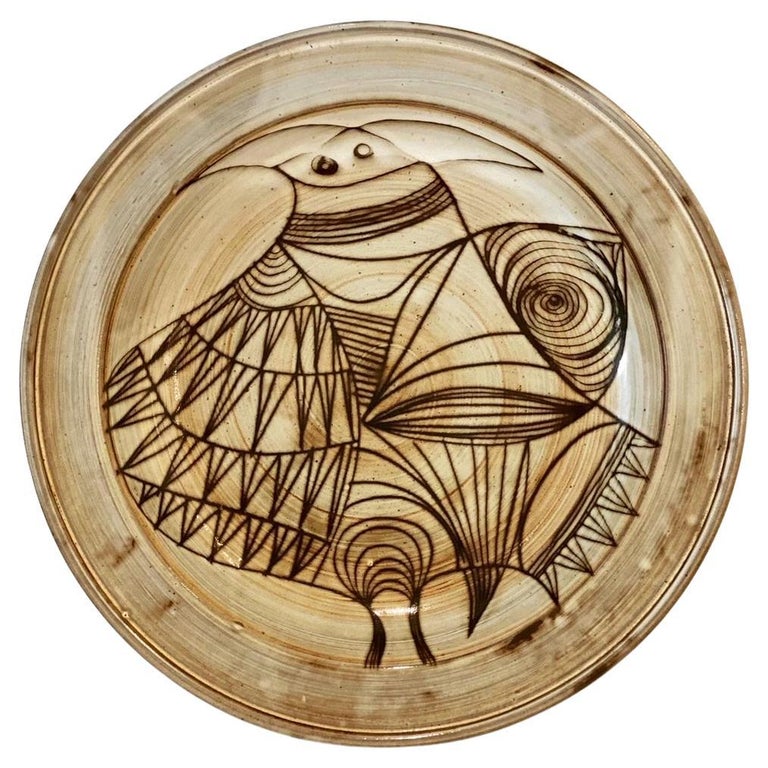 Jacques Pouchain Ceramic Dish with Stylized Bird, 1960s For Sale at 1stDibs