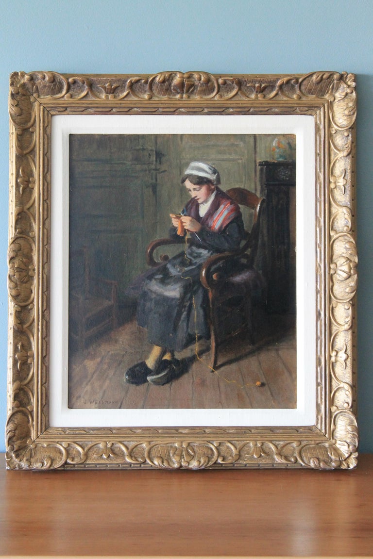 Jacques Weismann - Interior scene of a woman knitting by Jacques ...