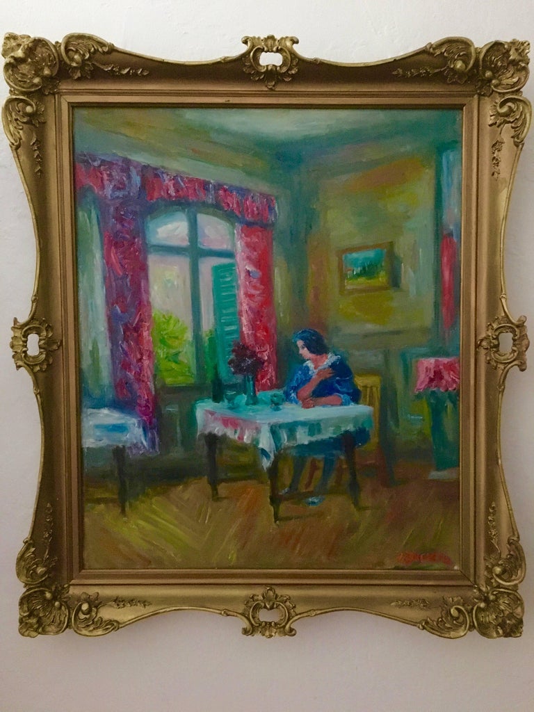 Jacques Zucker - Woman in Salon French Interior Oil Painting Ecole D ...