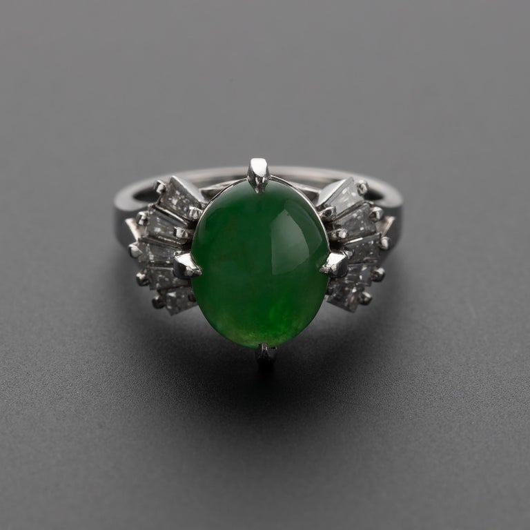 Jade and Diamond Ring in Platinum Midcentury GIA Certified Untreated at ...