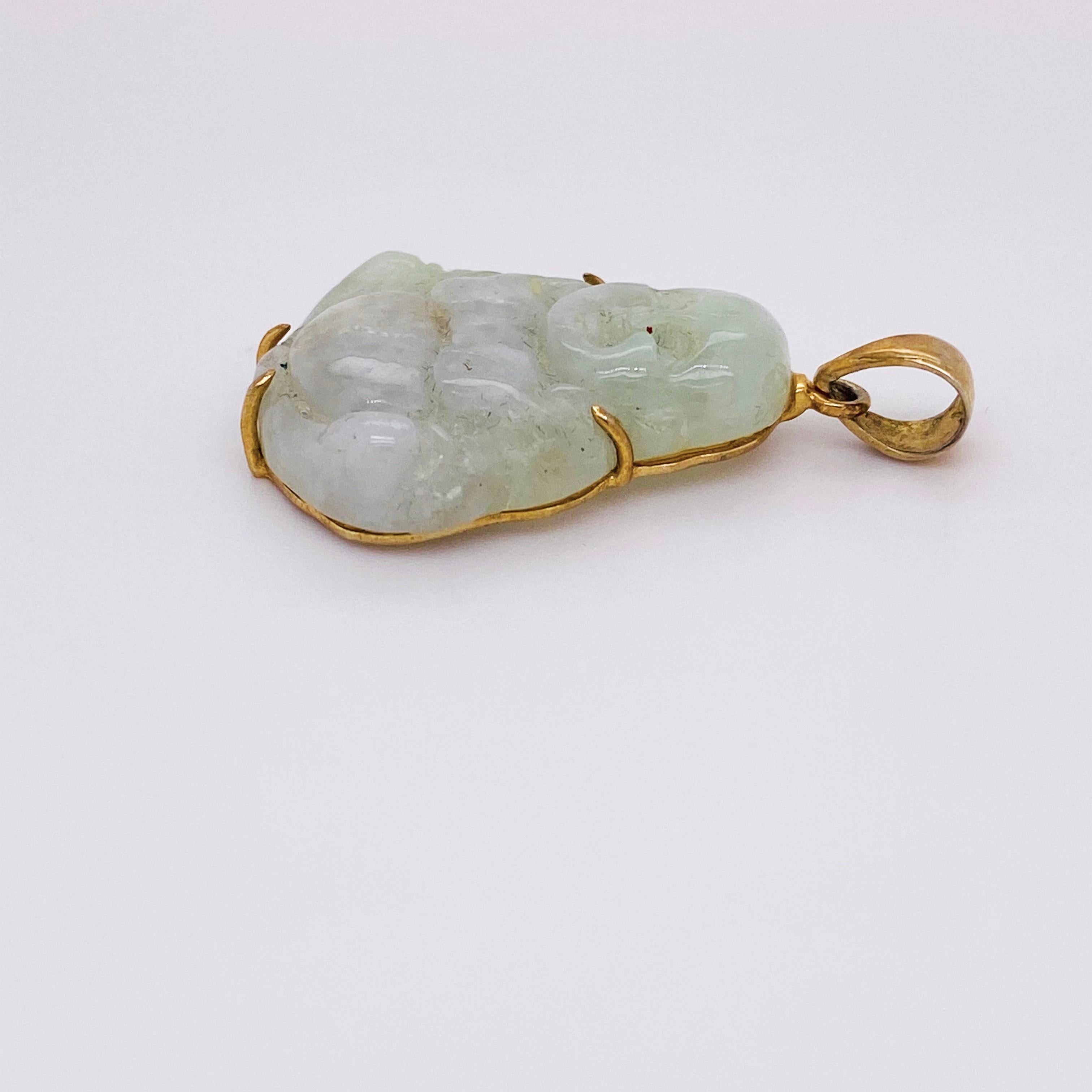 Jade Buda Pendant in 14 Karat Yellow Gold, Rare Jadeite Jade Carved ...