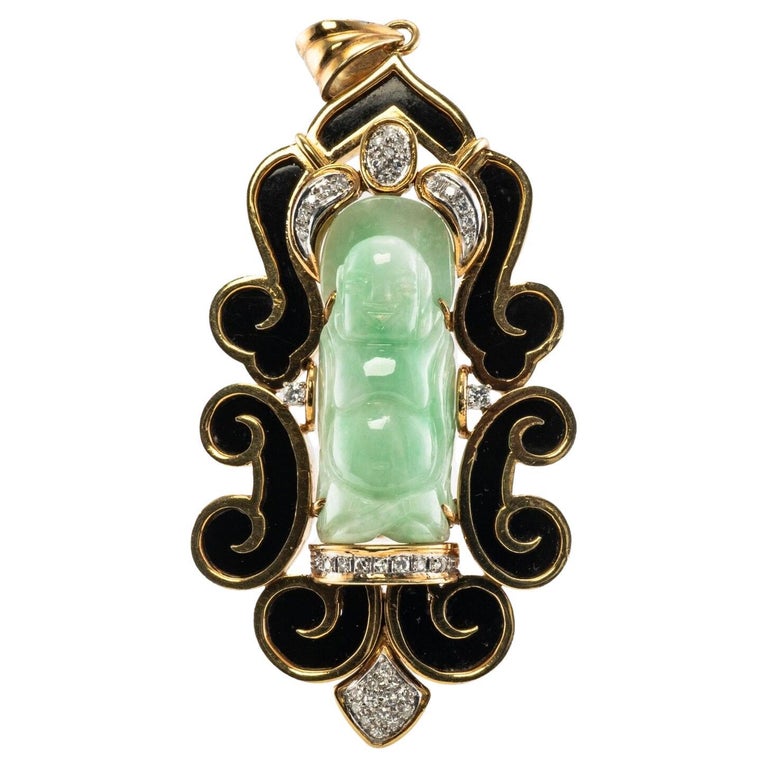 Jade Diamond Buddha Pendant 14K Gold Vintage For Sale at 1stDibs
