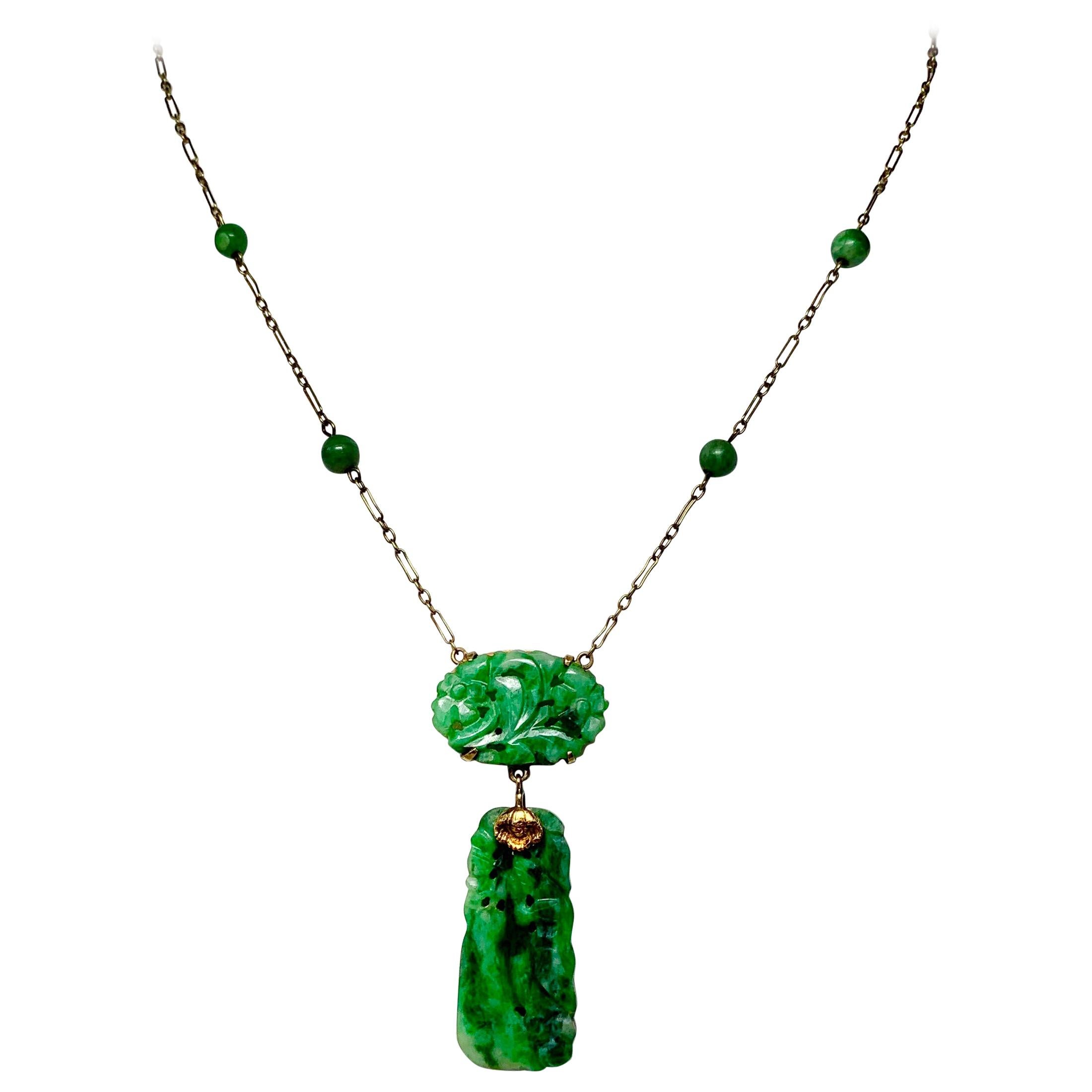 Jade Lotus Flower Motif Necklace 14 Karat Gold Carved Antique Art ...