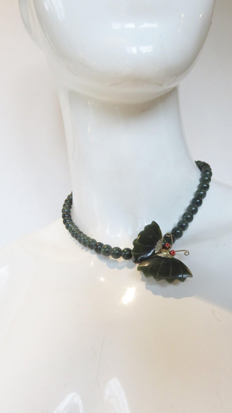 Jade Necklace and 3 Jade Butterfly Pins For Sale at 1stDibs