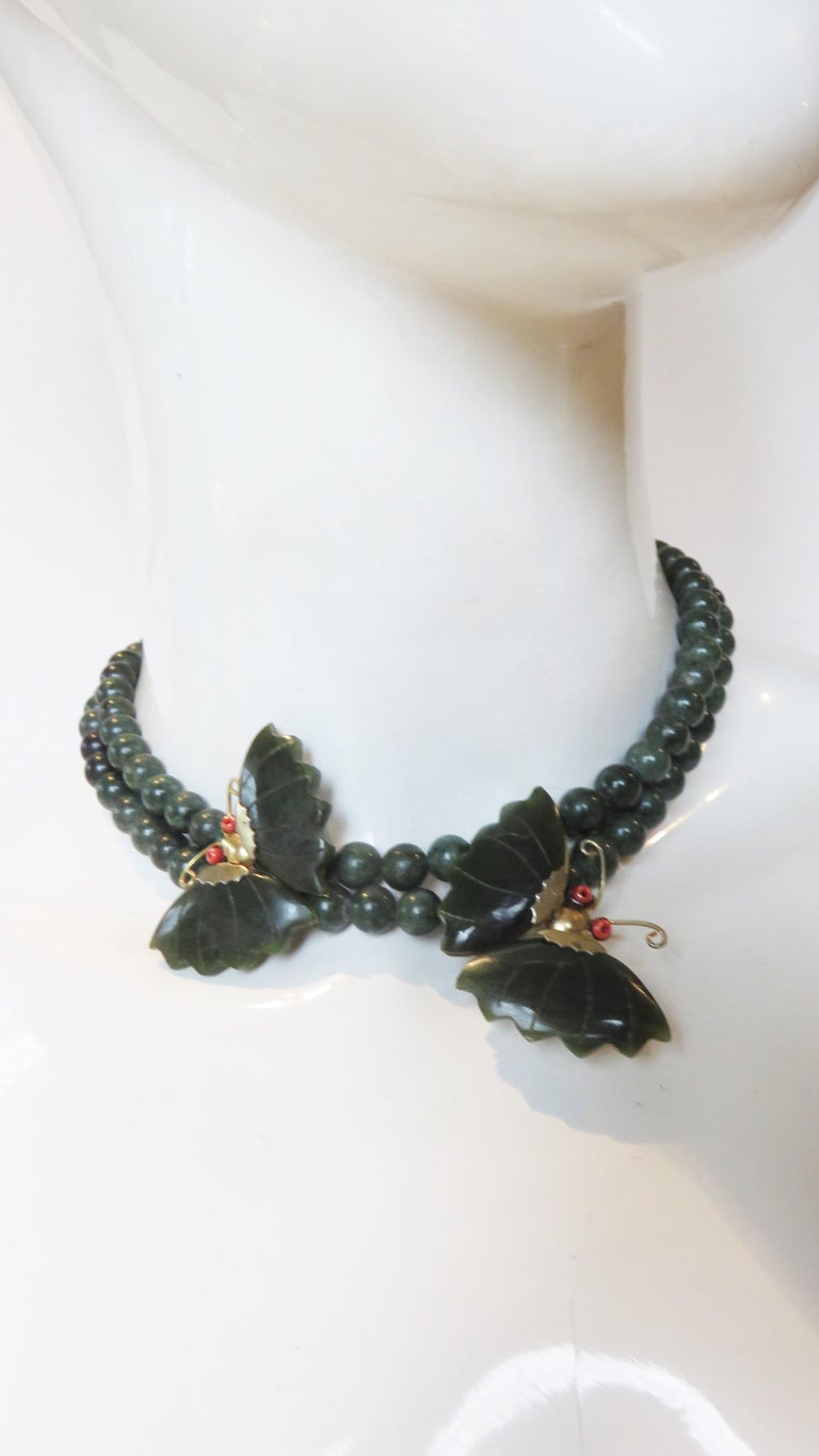 Jade Necklace and 3 Jade Butterfly Pins For Sale at 1stDibs