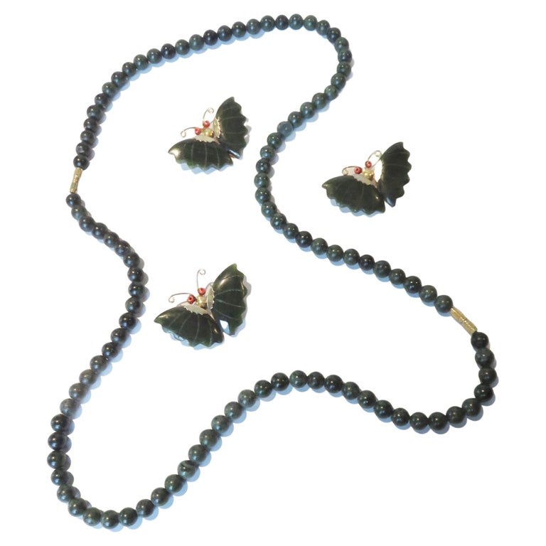 Jade Necklace and 3 Jade Butterfly Pins For Sale at 1stDibs