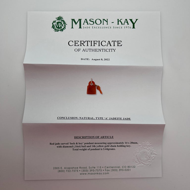 Jade Pendant Red Jadeite Lock and Key Certified Untreated For Sale at ...