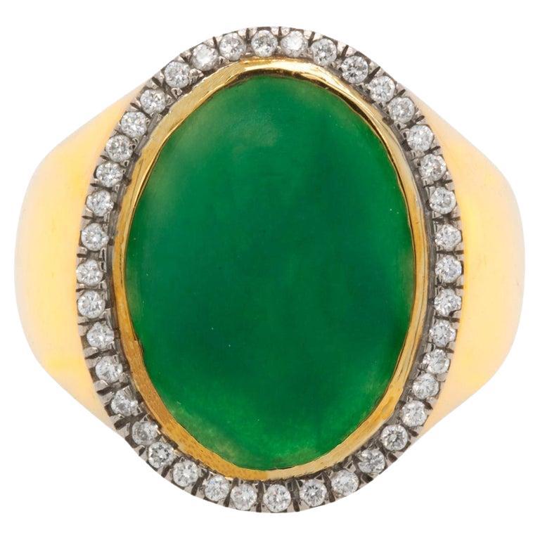 Jade Ring with Diamond Halo 1.60 Carats Total 14k Gold For Sale at 1stDibs