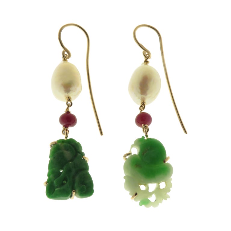 Jade Rubies Freshwater Pearls 9 Karat Rose Gold Dangle Earrings ...