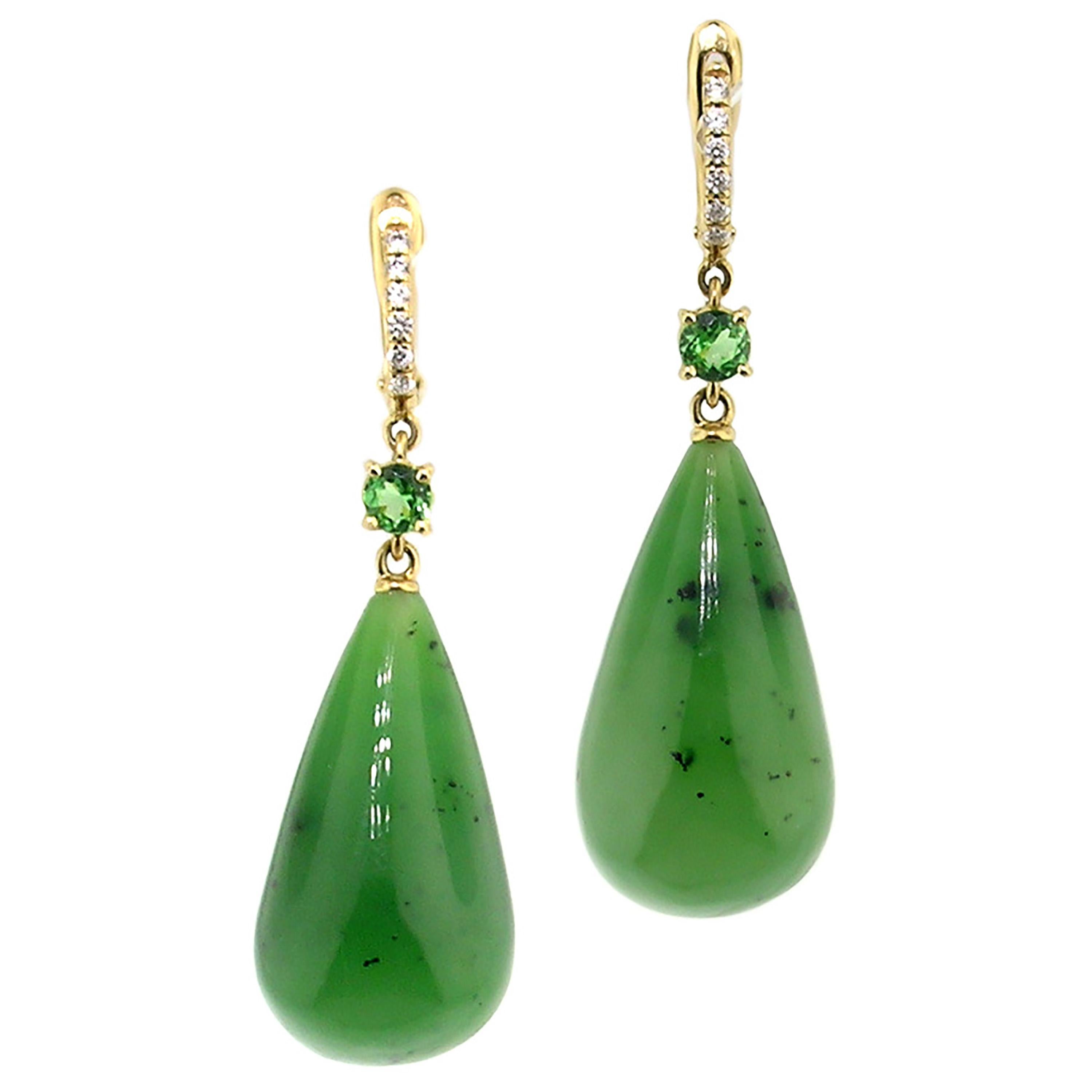 Custom Made Carved Fish Design Jade and Diamond Earrings at 1stDibs