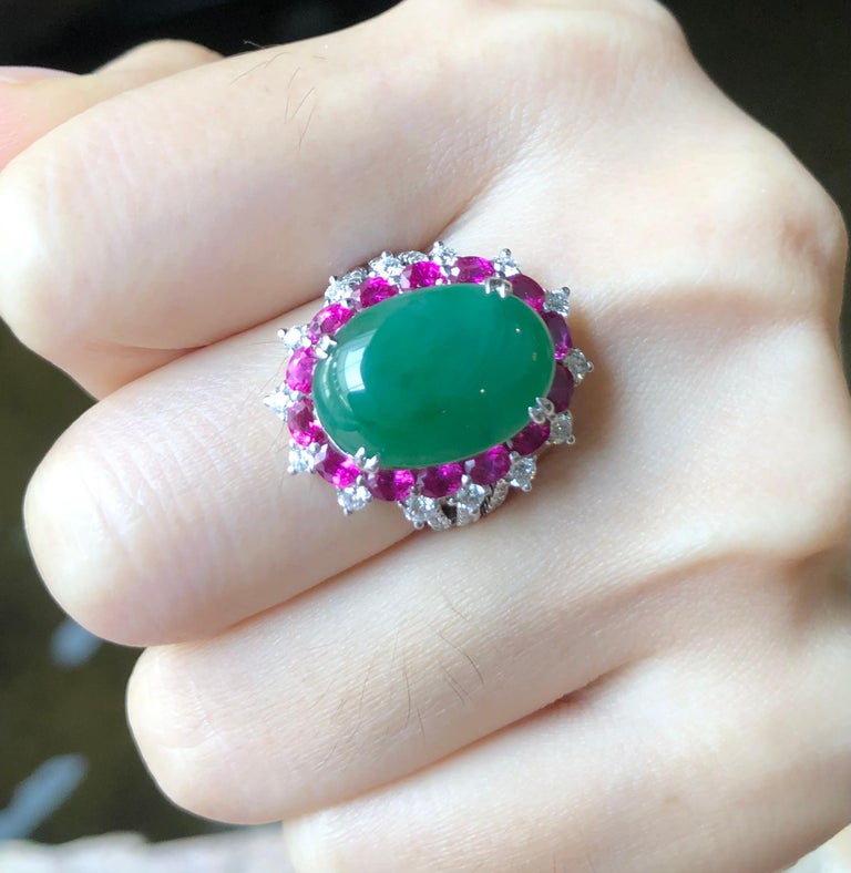 Jade with Ruby and Diamond Ring Set in 18 Karat White Gold Settings For ...