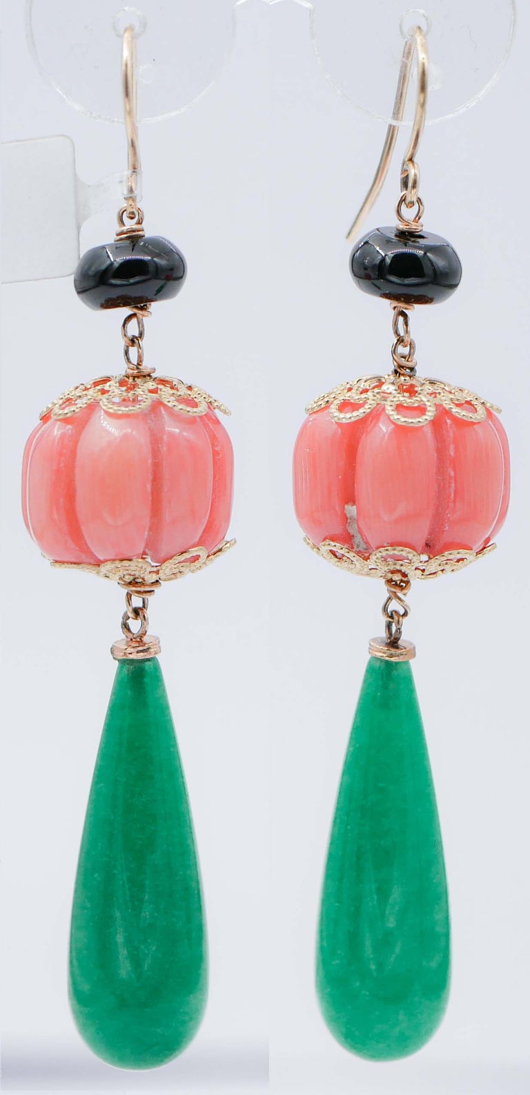 Jade,Coral,Onyx,14 Karat Rose Gold Dangle Earrings. For Sale at 1stDibs