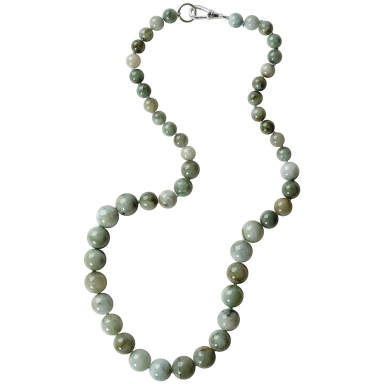 Jadeite Jade Necklace Mottled Grayish Green Certified Untreated at 1stDibs