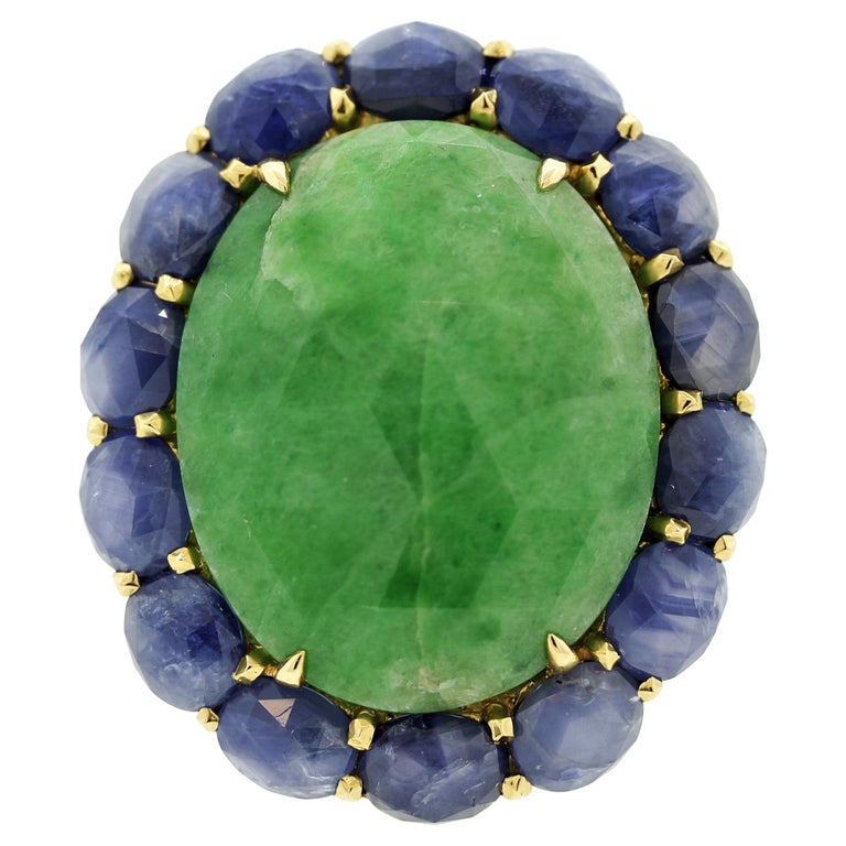 Jadeite Jade Sapphire Gold Cocktail Ring For Sale at 1stDibs