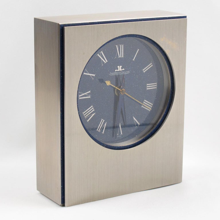 Jaeger LeCoultre Table Desk Clock Brushed Stainless Steel Faux Lapis ...
