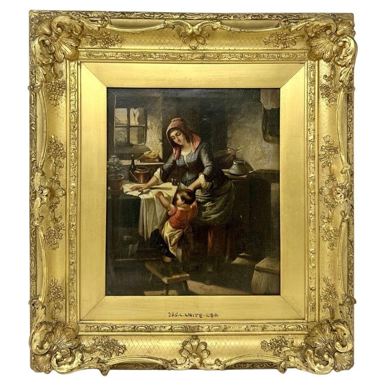 Peinture anglaise australienne sur toile dorée d'une scène d'intérieur ...