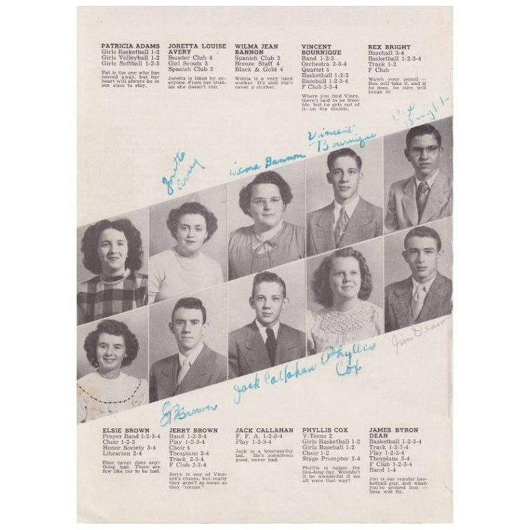 James Dean Original Autographed 1949 High School Yearbook Page For Sale ...