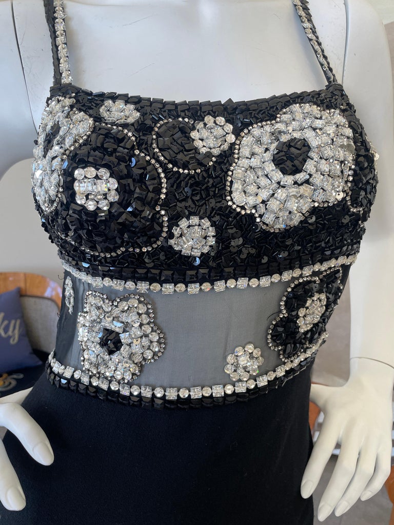 James Galanos 1960's Jeweled Black Evening Dress with Sheer Midriff For ...