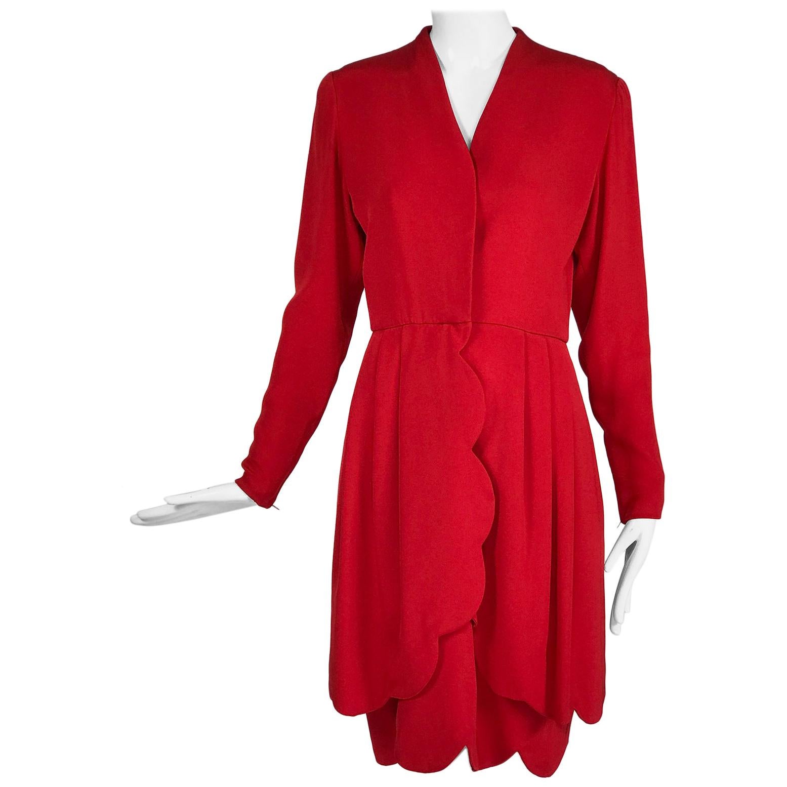 James Galanos Vintage Candy Apple Red Silk Scallop Edge Dress 1980s For ...