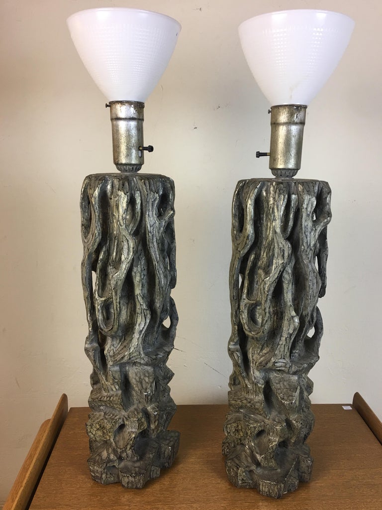 James Mont Monumental Carved Tree Trunk Lamps at 1stDibs
