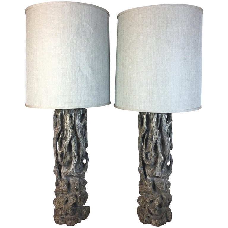 James Mont Monumental Carved Tree Trunk Lamps at 1stDibs
