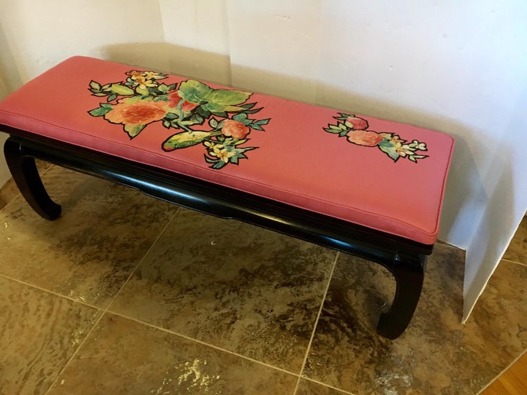 James Mont Style Asian Black Lacquered Bench with Silk Appliqué at 1stDibs