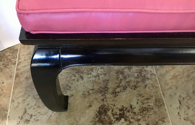 James Mont Style Asian Black Lacquered Bench with Silk Appliqué at 1stDibs