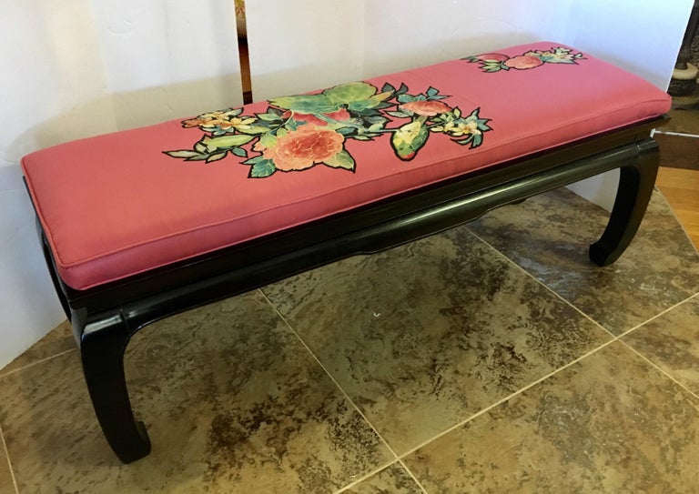 James Mont Style Asian Black Lacquered Bench with Silk Appliqué at 1stDibs