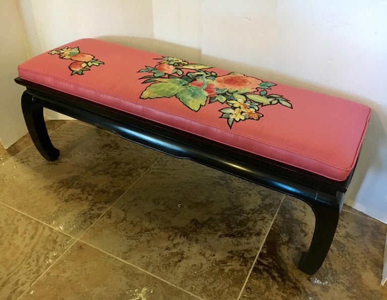 James Mont Style Asian Black Lacquered Bench with Silk Appliqué at 1stDibs